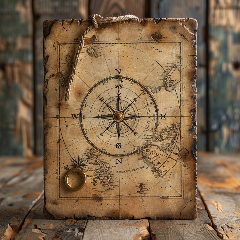 Weathered Compass and Antique Map on a Wooden Table the Compass Blurs ...