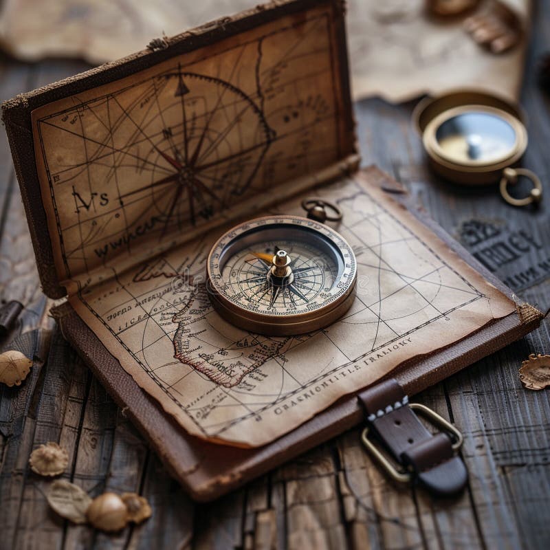 Weathered Compass and Antique Map on a Wooden Table the Compass Blurs ...