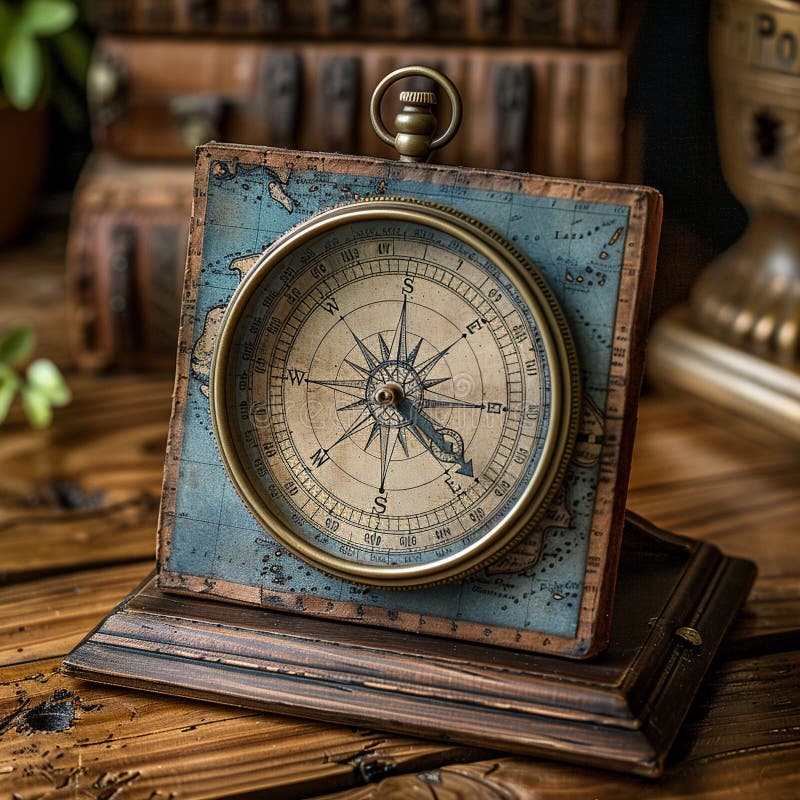 Weathered Compass and Antique Map on a Wooden Table the Compass Blurs ...