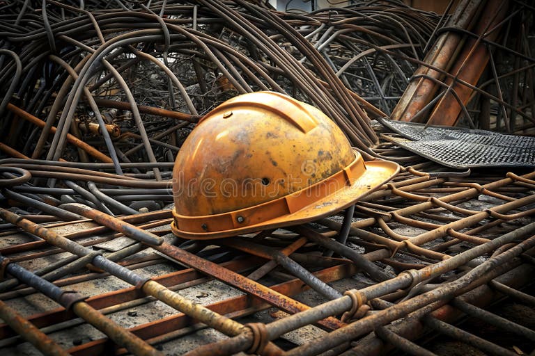 Weathered Construction Helmet on Steel Rebar a Visual Representation of Infrastructure Project ...
