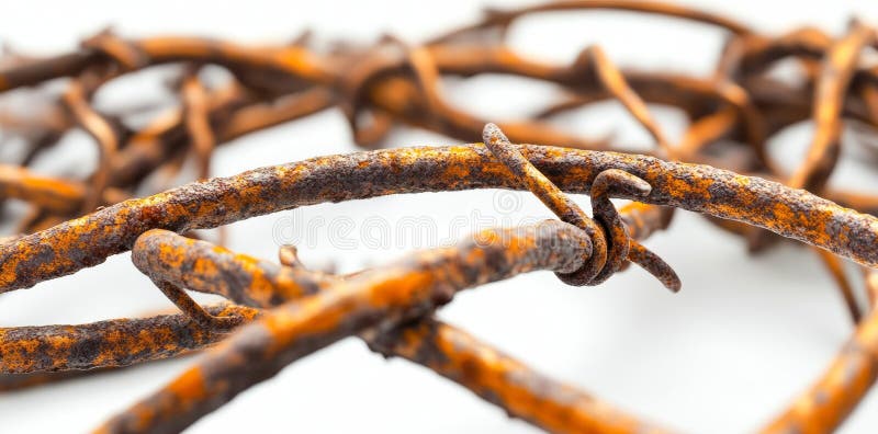 Weathered and Corroded, Rusty Barbed Wire Extends Over a Flat Expanse ...
