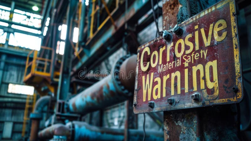 Weathered Corrosive Material Warning Sign on a Deteriorating Wall in an ...