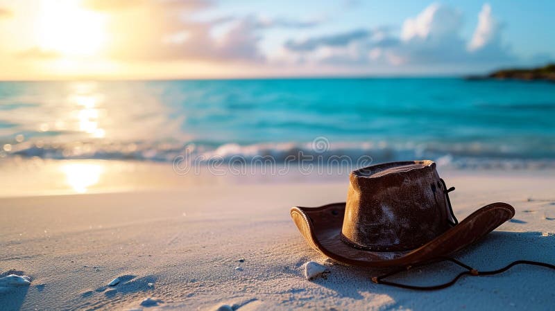 A Weathered Cowboy Hat Rests on the Sandy Beach at Sunset, Radiating ...