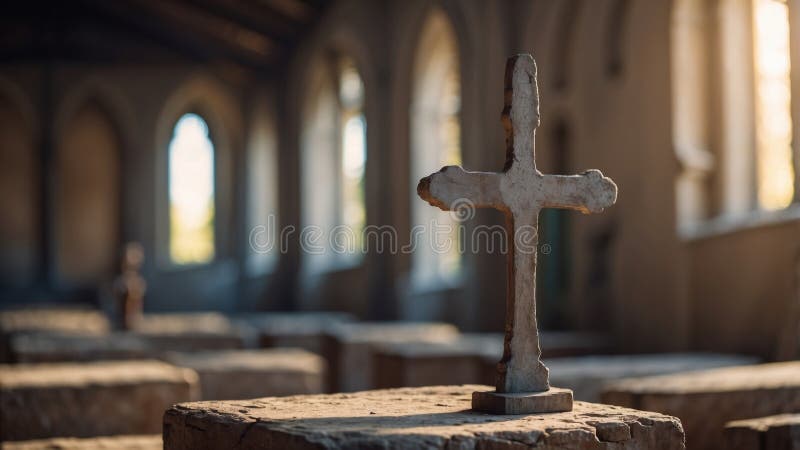 Weathered Cross Stands Tall in Abandoned Medieval Church Interior ...