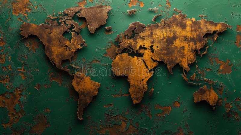Weathered 3D World Map with Rust Effect on Green Surface Stock Photo ...