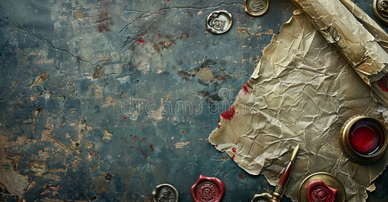 On a Weathered, Dark Surface, an Antique Quill Rests beside a Partially ...