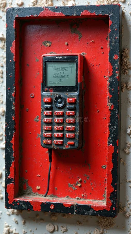 Weathered Emergency Phone in Red Metal Box on Textured Surface Stock ...