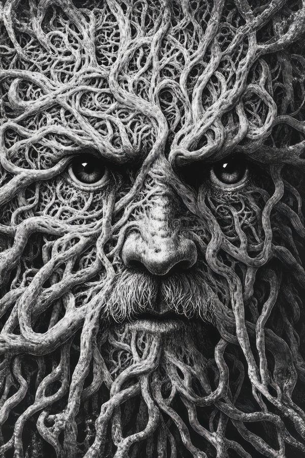 Weathered Face Composed of Intertwined Branches and Roots Stock ...