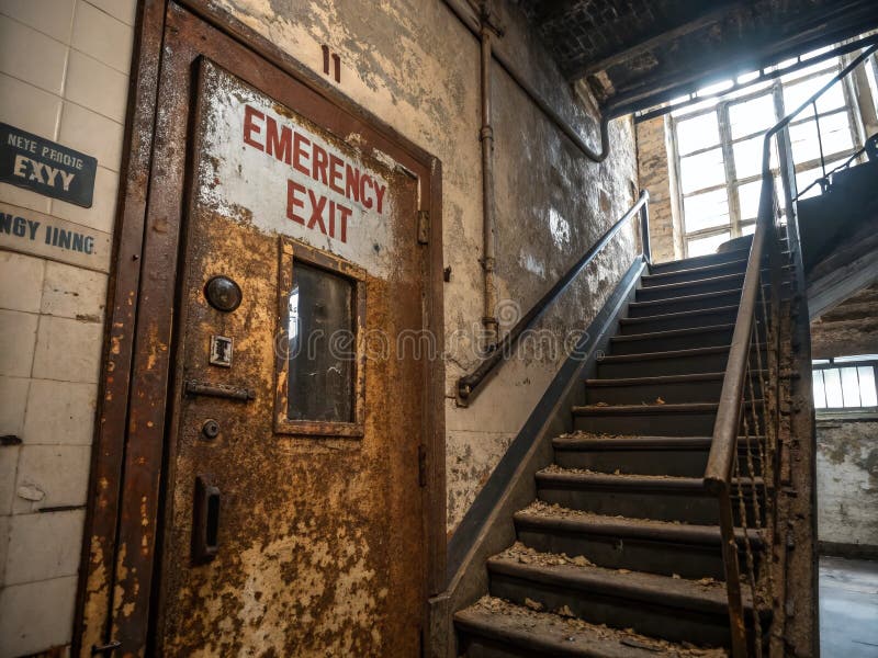 Weathered Fire Escape Door with Emergency Exit Sign on Industrial ...