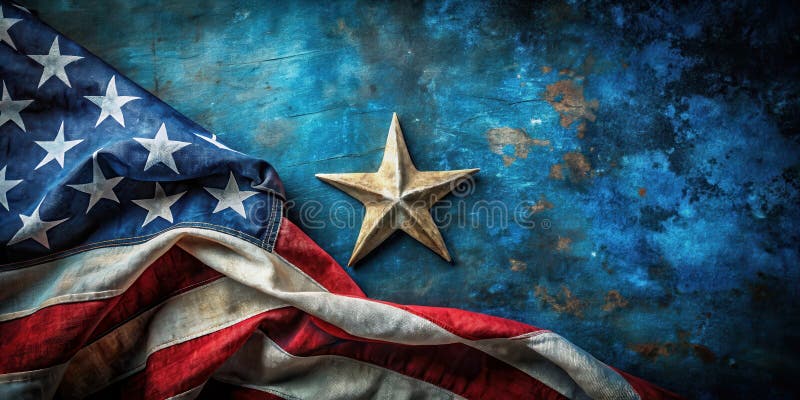 A Weathered Flag and a Rustic Star on a Textured Blue Background ...