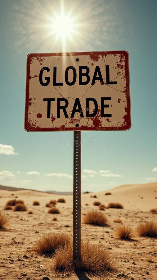 Weathered Global Trade Sign in Arid Desert Landscape Under Bright ...