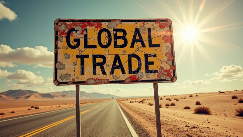 Weathered Global Trade Sign on Desert Road Under Bright Sun Stock Photo ...