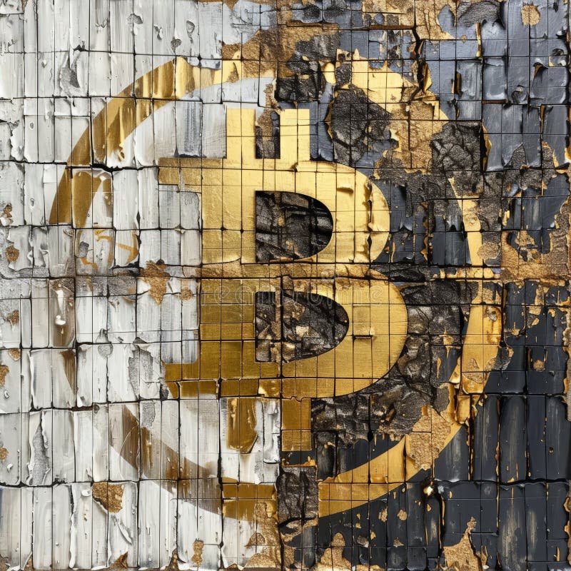 Weathered Golden Bitcoin Symbol or Logo on Wall, Black and White ...