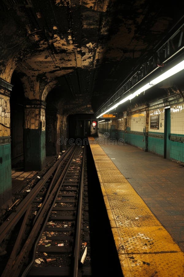 Weathered and Graffiti-covered Subway Station with an Approaching Train ...