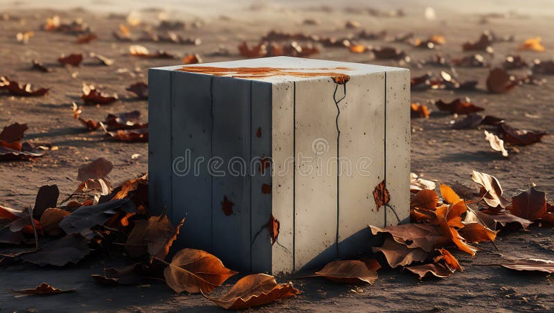 Gray Concrete Cube Surrounded by Fallen Leaves Geometric Stock ...