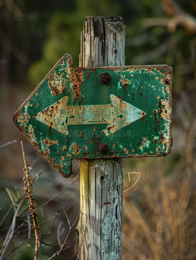 A Weathered Green Arrow Sign on a Post in a Rustic Outdoor Setting ...