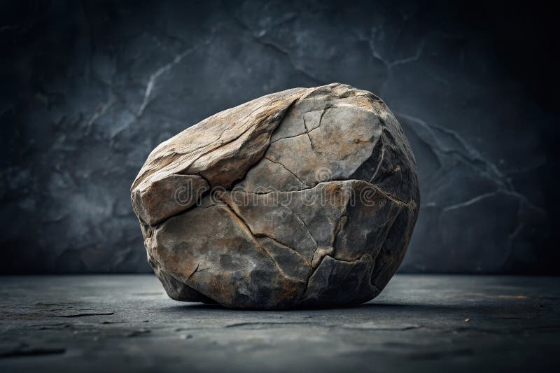 A Weathered, Grey Boulder Rests on a Dark Slate Surface Against a ...