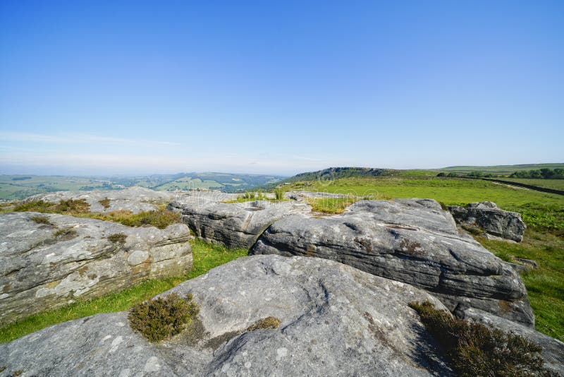 Large Weathered Gritstone Slabs on Baslow Edge, Derbyshire Stock Image ...