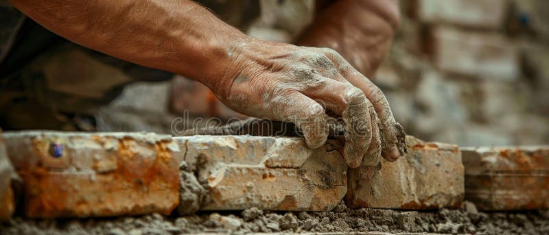 A Weathered Hand Working on Bricklaying with Aged Bricks and Fresh ...