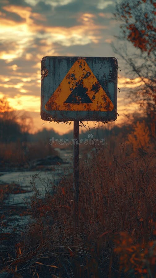 Weathered Hazard Sign Against Dramatic Sunset Sky in Autumn Stock Photo ...