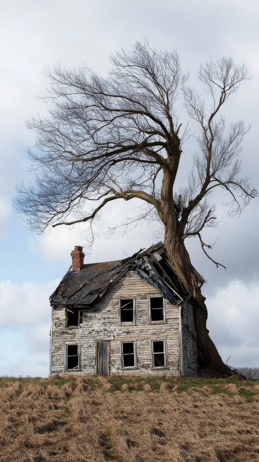 Weathered House with Barren Tree in Overcast Field, Rustic Solitude ...