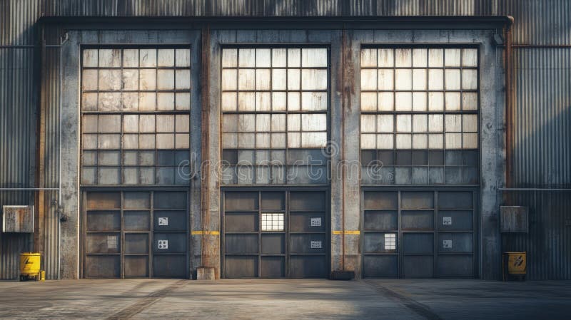 Weathered Industrial Garage with Large Reflective Windows and Doors ...
