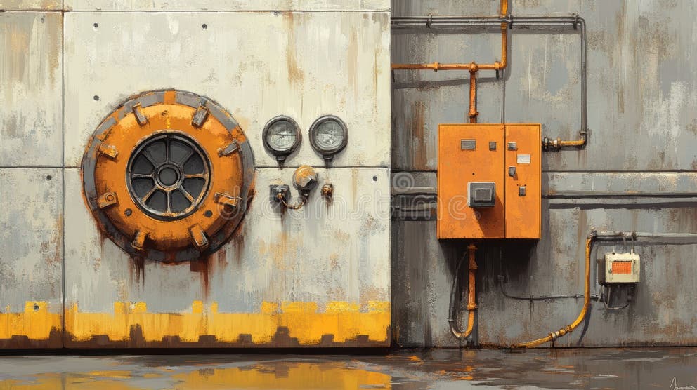 Weathered Industrial Wall with Metallic Textures, Featuring Circular ...