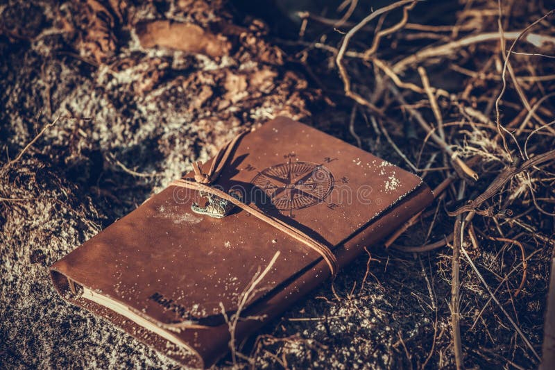 Weathered Leather Journal, Adorned with Compass Emblem Its Pages ...