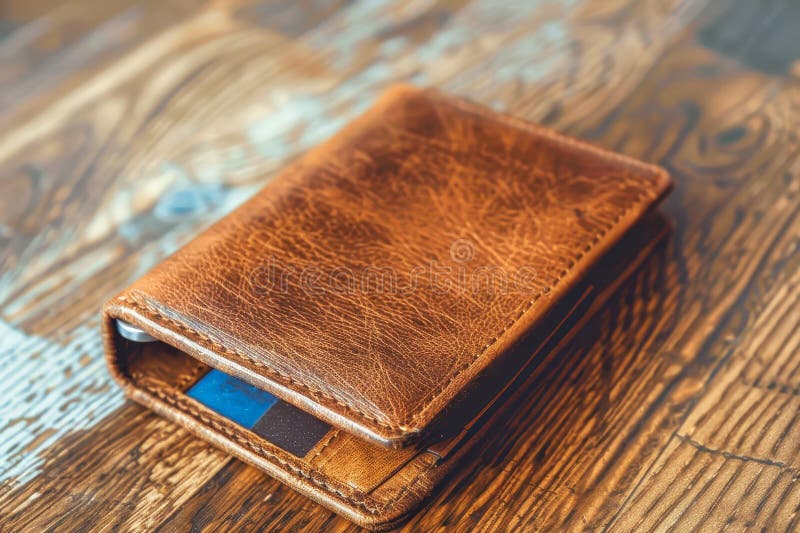 A Weathered Leather Wallet Resting on a Rustic Wooden Surface Stock ...