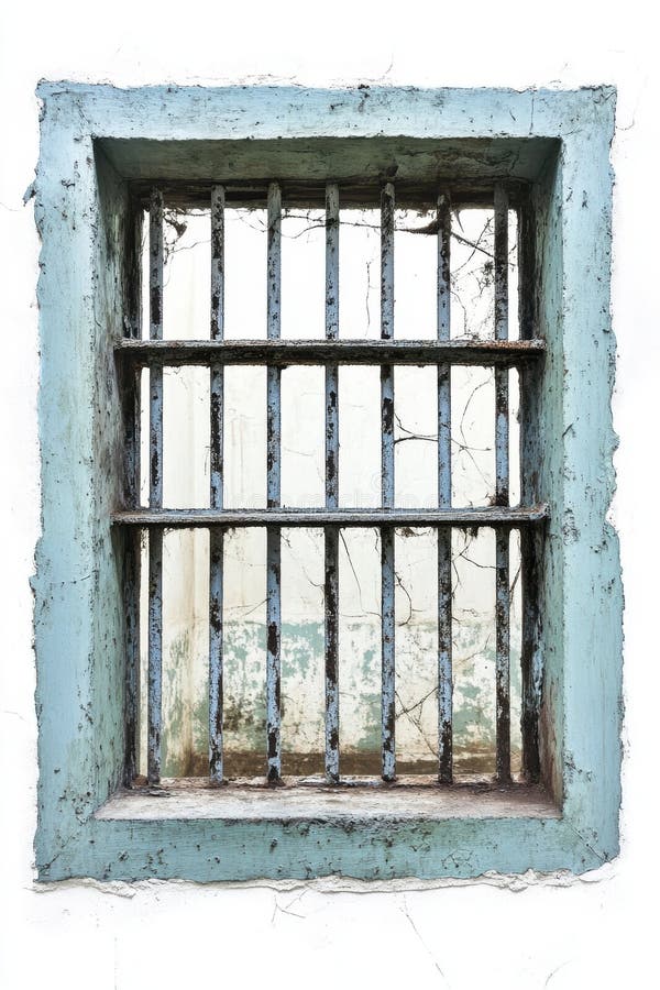Weathered Light Blue Window with Rusty Metal Bars Stock Illustration ...