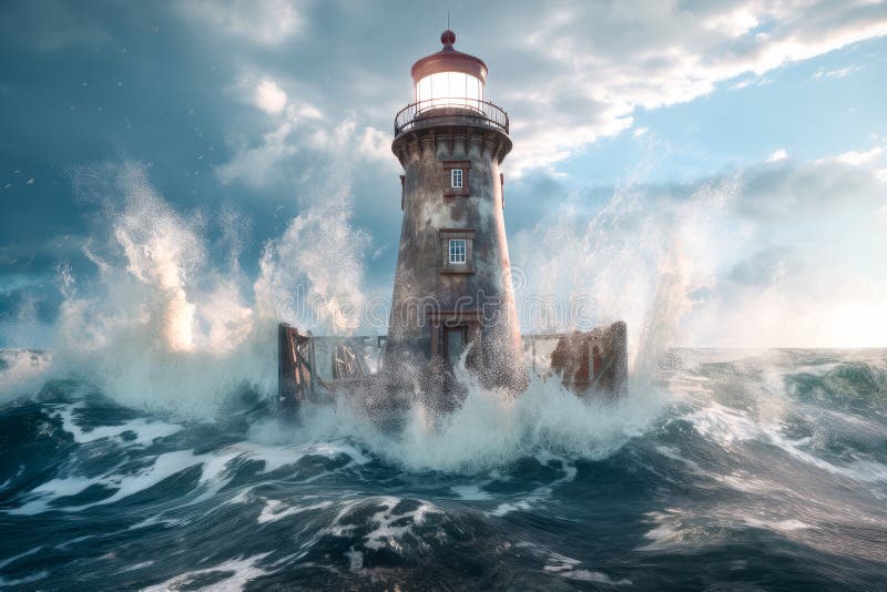 A Weathered Lighthouse with a Massive Splash of Sea Water. AI Generated ...