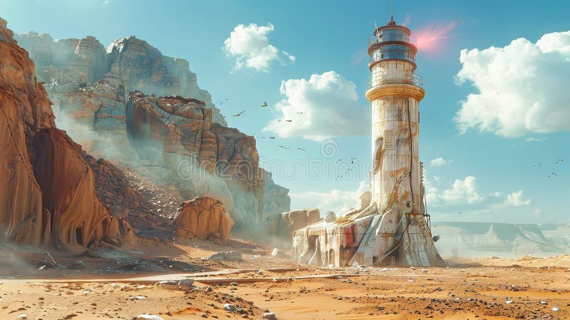A Weathered Lighthouse Stands Tall Against a Backdrop of Rolling Desert ...