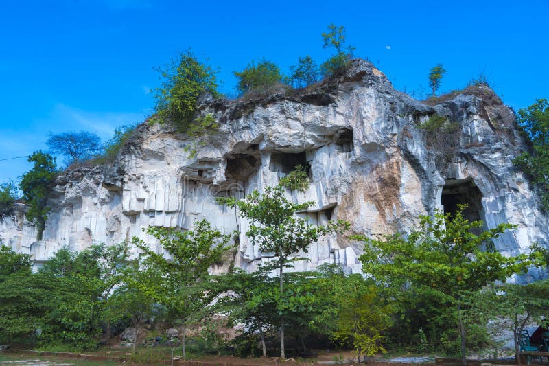 A Weathered Limestone Cliff, Adorned with a Smattering of Trees, Stands ...