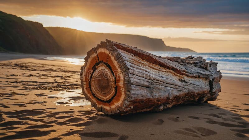 Sunset Beach Log: Nature S Golden Hour Masterpiece Stock Illustration ...
