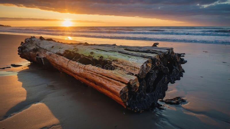 Sunrise Beachscape with Weathered Driftwood Log Stock Illustration ...