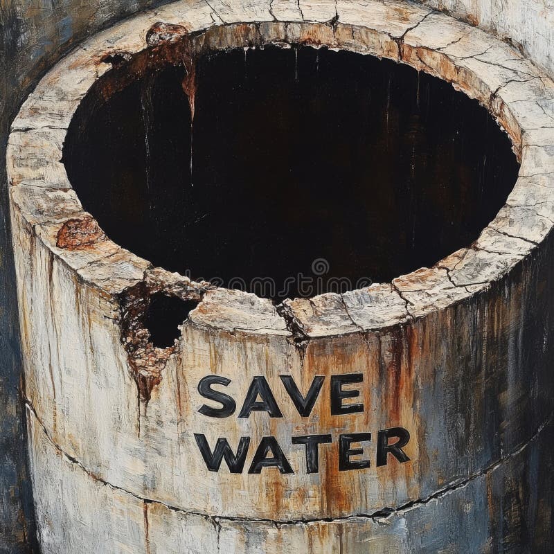 Weathered Metal Barrel with "Save Water" Embossed in Rustic Scene Stock ...