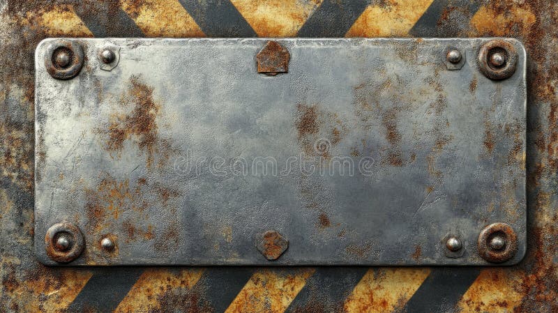 A Weathered Metal Plate with Rust and Bolts, Set Against a Caution ...