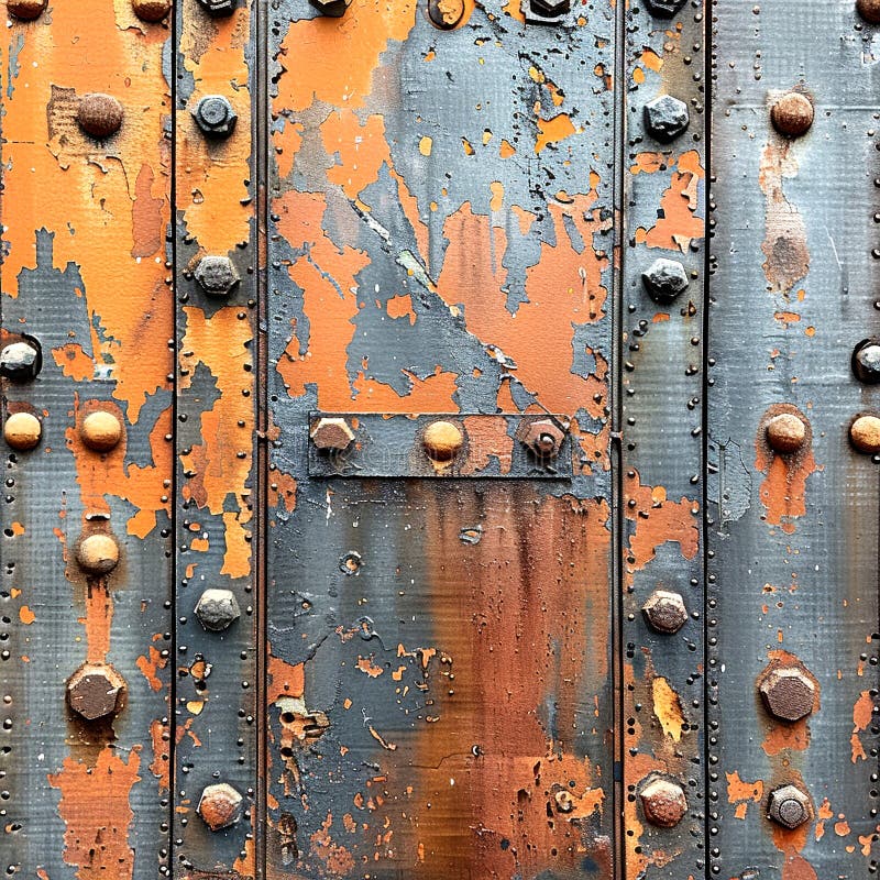 Weathered Metal Wall with Vibrant Rust Patterns and Intricate Rivets in ...