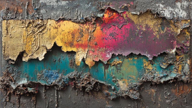 Weathered Metallic Canvas Eroded Surface with Vibrant Paint Layers a ...