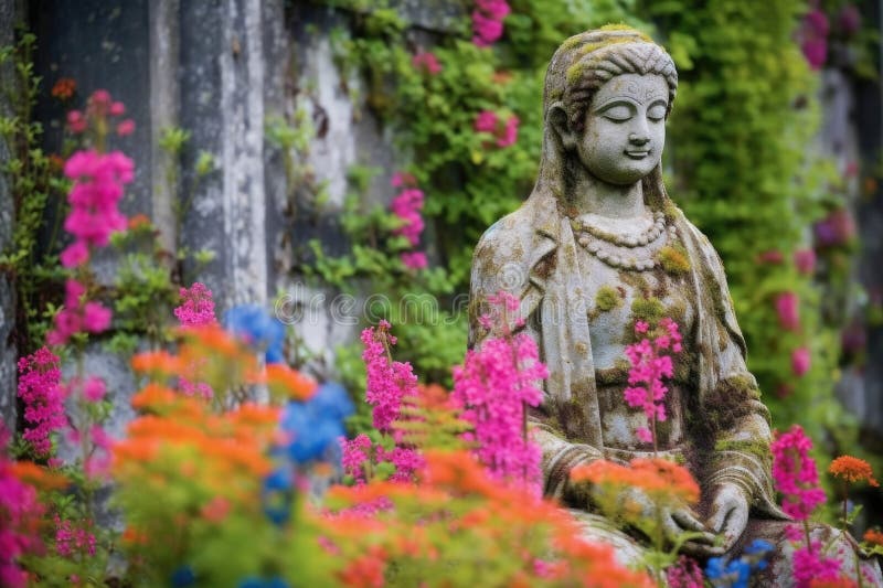Weathered Monastery Statue among Vibrant Flowers Stock Image - Image of ...