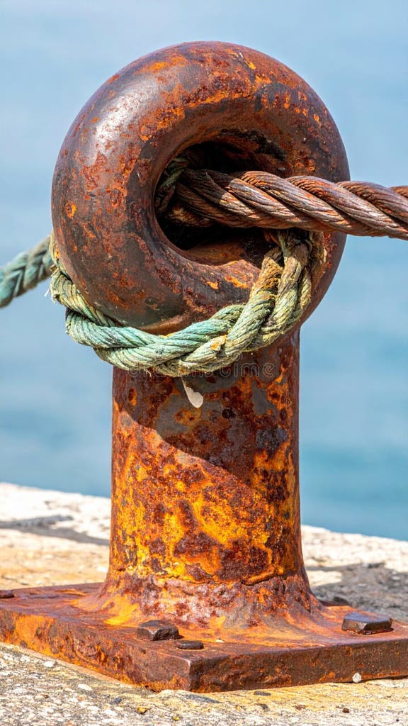 Weathered Mooring Ring Securing Thick Ropes on a Dock with Rust Texture ...