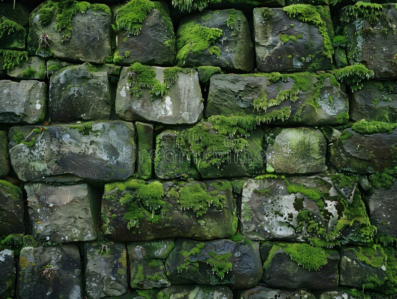 Weathered Moss Covered Stone Wall with Intricate Patterns and Ancient ...