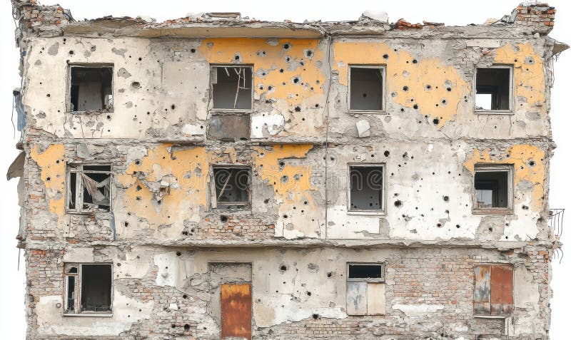 Damaged Building Facade with Bullet Holes and Crumbling Walls Stock ...