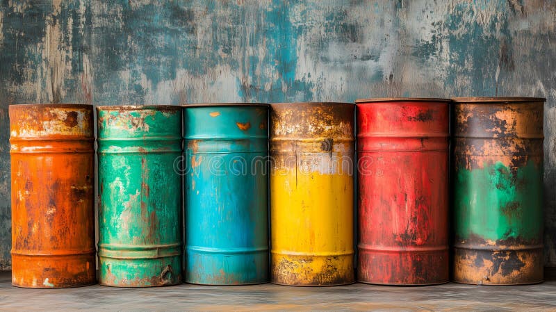Weathered Multicolored Metal Barrels Against Distressed Wall for ...