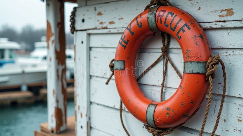 Weathered Orange Life Preserver at Rustic Dock with Boats in Background ...