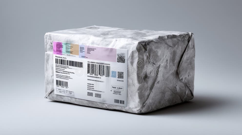 Weathered Package with Labels and Barcodes on Gray Background Stock ...