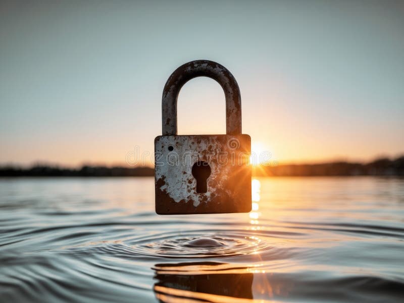 Weathered Padlock and Peaceful Waters Under Sunsets Glow Symbolize ...