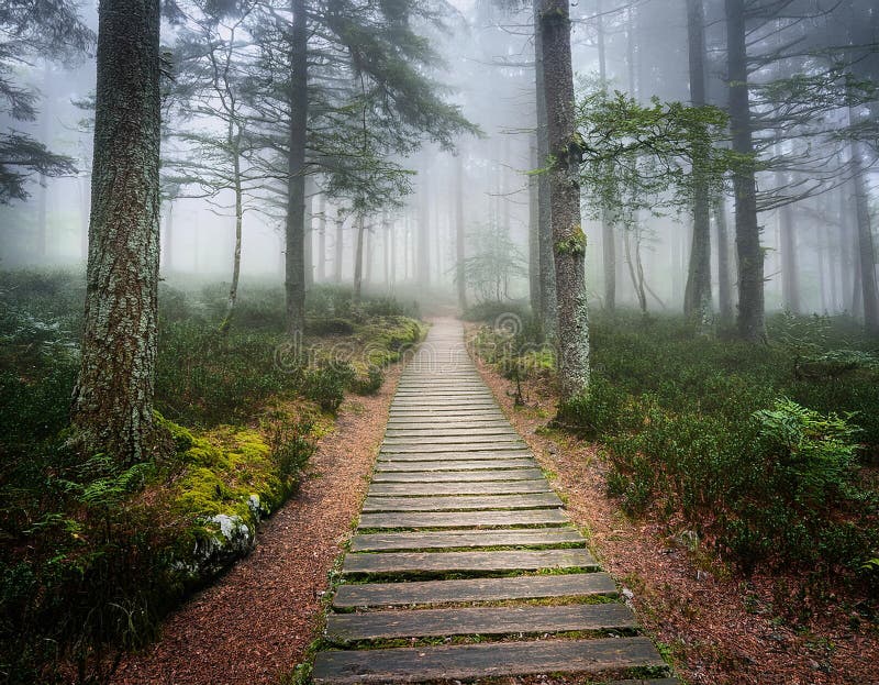 A Weathered Pathway Split into Two in a Misty Forest Stock Illustration ...