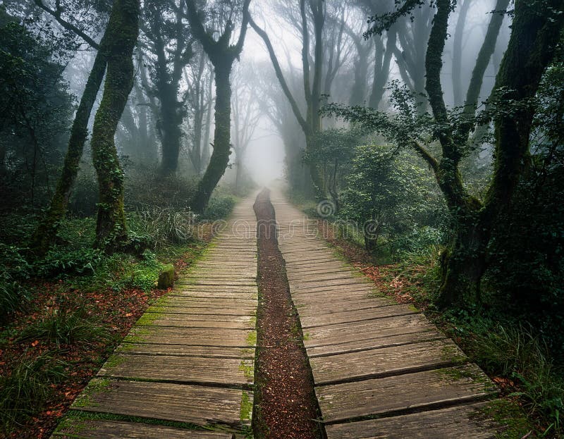 A Weathered Pathway Split into Two in a Misty Forest Stock Illustration ...