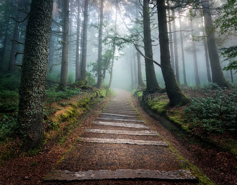 A Weathered Pathway Split into Two in a Misty Forest Stock Illustration ...